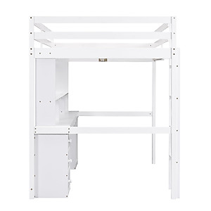 DEYOBED Full Size Loft Bed, Wooden Bed Frame with Desk, Shelves, Cabinet, 3 Drawers, Bedside Tray, LED Lights, and USB Charging Station for Kids, Teens, Adults - White