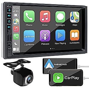 7 Inch Double Din Car Stereo for Apple Carplay & Android Auto with Voice Control,Bluetooth5.2,MirrorLink, Car Radio with Waterproof Front/Backup Camera,Subwoofer,HD Touch Screen SWC/USB/SD AM/FM/AUX