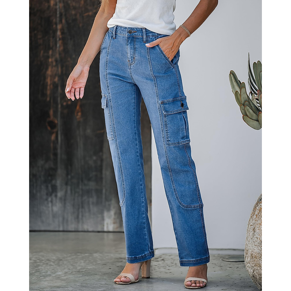 GRAPENT Women Clothing High Waisted Wide Leg Jeans Denim Pants for Women Loose Pants High Waist Western Wear Baggy Pants Women Trendy Pants Color Medium Blue Size 14