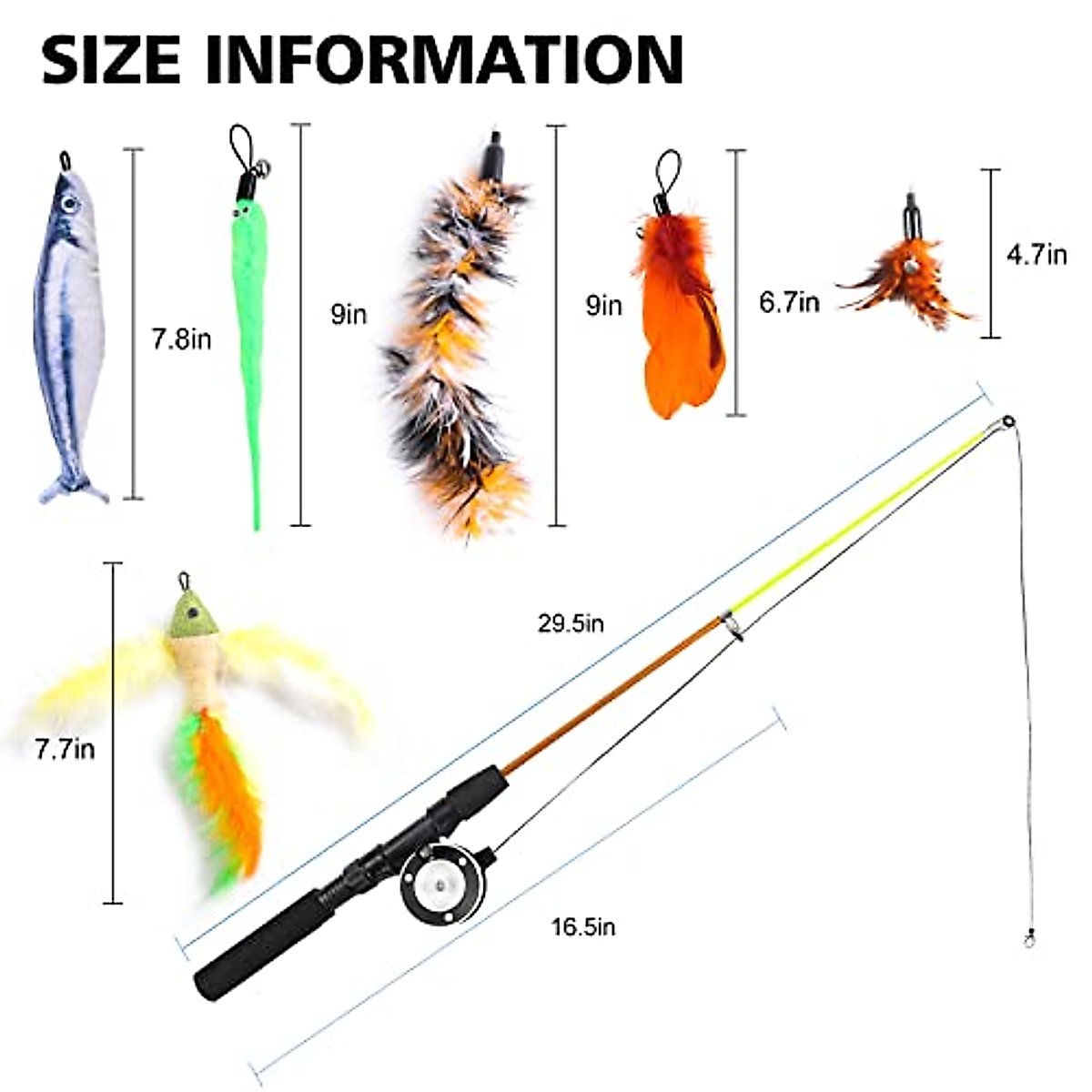 9 PCS Cat Fishing Pole Toy, Retractable Cat Feather Toys with Cat Wand Plush Fish Worm Feathers with Bells Catnip Interactive Cat Teaser Toys for Kitten Cat