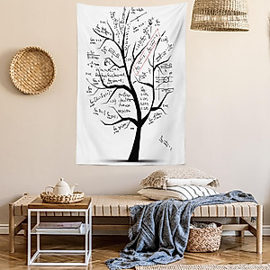 Lunarable Mathematics Room Tapestry King Size, Math Tree Branches Complex Formulas Solution Knowledge Print, Wall Hanging Bedspread Bed Cover Wall Decor, 30" X 45", Black and White