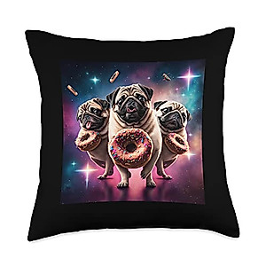 Galaxy Pug And Dog Designs Space with Donuts Cute Pug Boys Girls Men Women Throw Pillow, 18x18, Multicolor