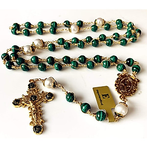 elegantmedical Handmade Gold Wire Wrapped UNDOUBTED Malachite &11-12mm Real Pearl Beads Rosary Cross/Crucifix Necklace Box Catholic Womens Gift