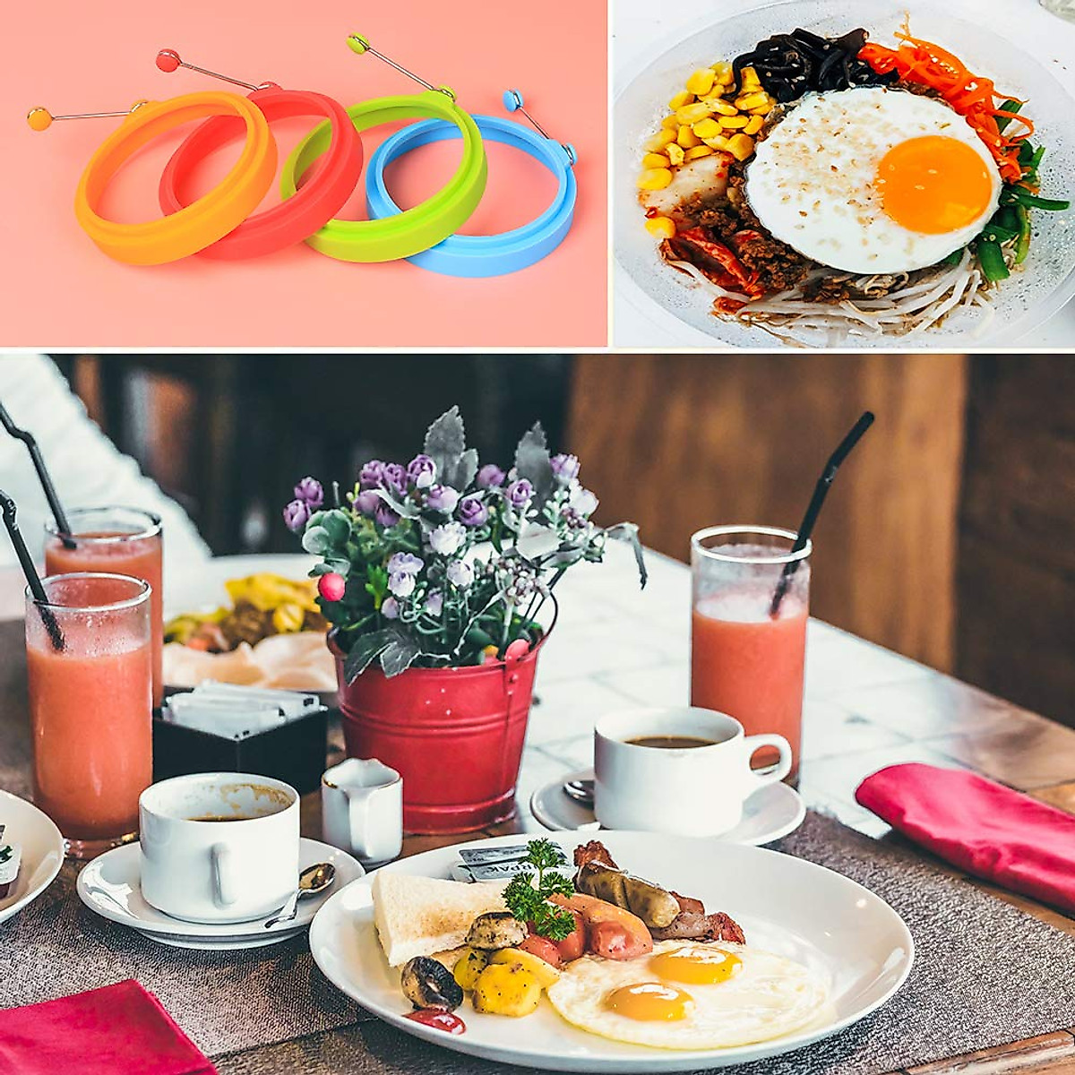 Emoly Silicone Egg Ring, Egg Rings Non Stick, Egg Cooking Rings, Perfect Fried Egg Mold or Pancake Rings (New,4pcs), Multicolor