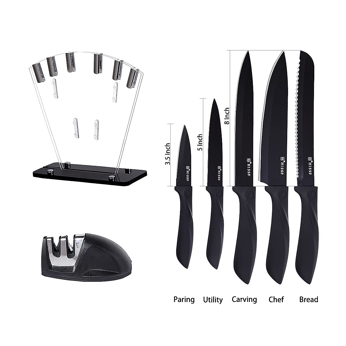 HISSF Chef Knife Set 7 Piece,Black High Carbon Stainless Steel Kitchen Knife Sets with Block Acrylic, Knife Block Set with Knife Sharpener Professional,Non Stick Coating for Rust Proof and Sharp
