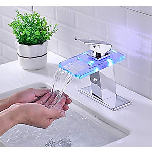 Qeemee LED Light Bathroom Sink Faucet, 3 Colors Changing Waterfall Glass Spout Faucet, Single Handle Single Hole Cold and Hot Water Mixer Vanity Sink Tap (Chrome)