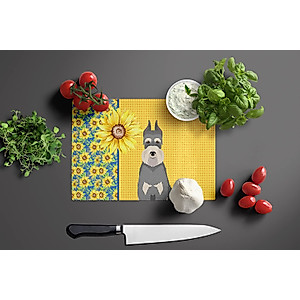 Caroline's Treasures WDK5478LCB Summer Sunflowers Salt Pepper Schnauzer Glass Cutting Board Large Decorative Tempered Glass Kitchen Cutting and Serving Board Large Size Chopping Board