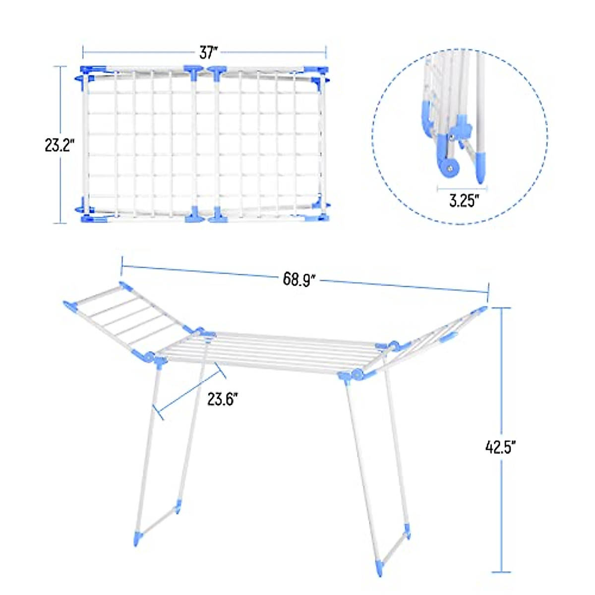 YUBELLES Clothes Drying Rack, Gullwing Laundry Rack, Collapsible, Space-Saving Laundry Rack, with Bonus Sock Clips, for Clothes, Towels, Linens, Indoor/Outdoor, Blue