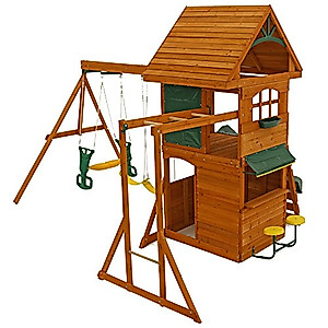 KidKraft Ridgeview Deluxe Clubhouse Wooden Swing Set / Playset with Café Table and Stools, Monkey Bars, Swing and Rock Wall, Gift for Ages 3-10