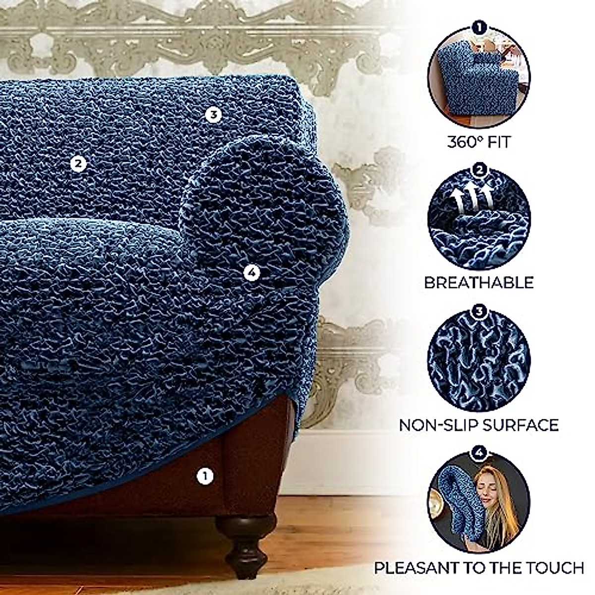 PAULATO BY GA.I.CO Sofa Slipcover - Stretch Sofa Cover - 4 Seater Couch Protector Cover for Pets and Kids - Shiny Soft Velvet Couch Slip Cover - Easy to Clean Sofa Slipcovers - Fuco Velvet - Navy Blue