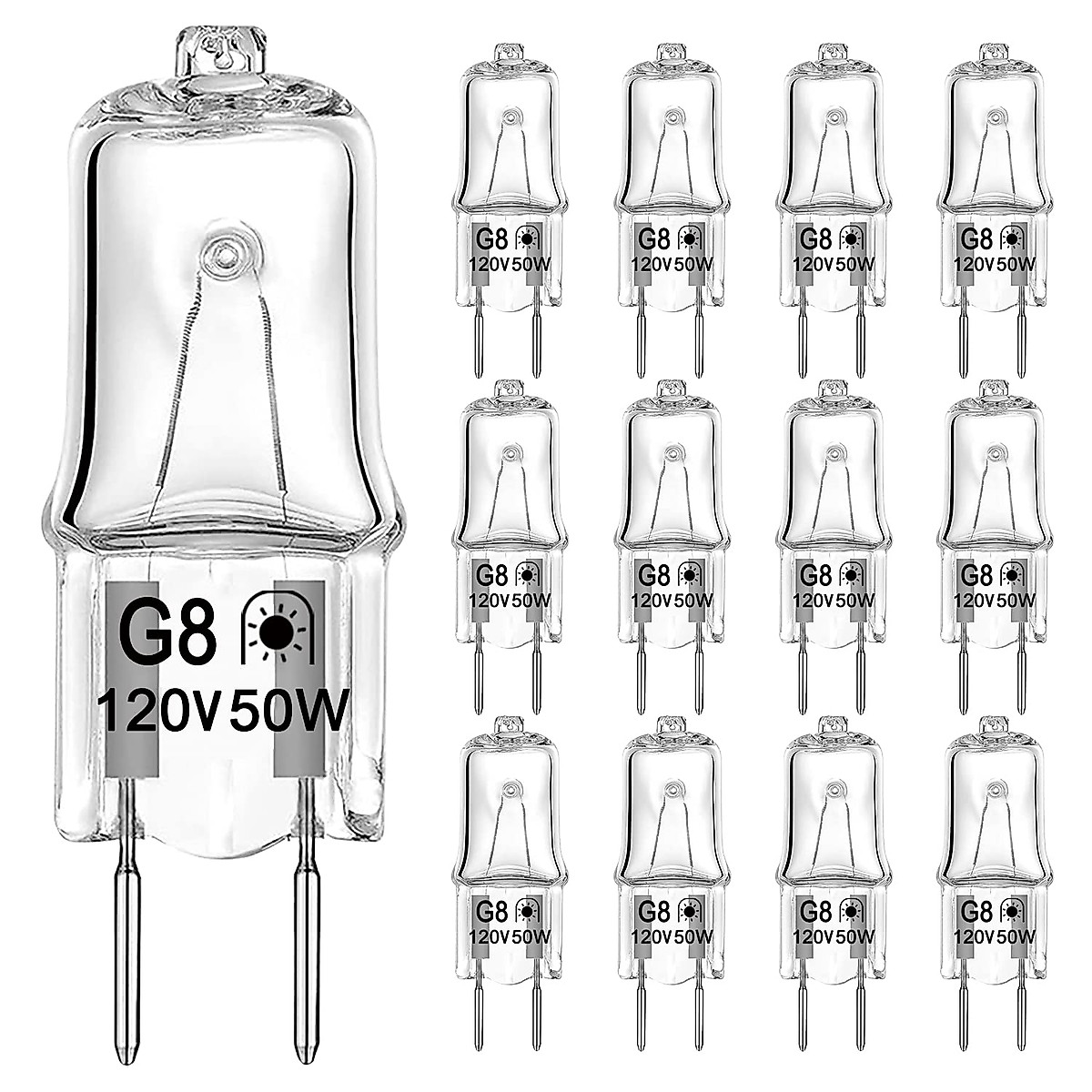 G8 Halogen Light Bulb 50W 120V T4 JCD Type G8 Bi-Pin Base Dimmable G8 Small Light Bulbs for Kitchen Hood, Landscape Lights, Desk and Floor Lamps, Wall Sconces, Warm White 2700K (12 Pack)
