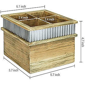 MyGift Rustic Brown Wood Kitchen Utensil Holder for Countertop with 4 Compartments and Corrugated Galvanized Metal Panel Design, Silverware and Flatware Storage Organizer