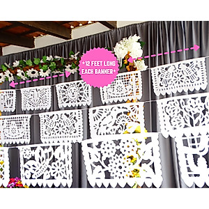 White Papel Picado Banner - Plastic Papel Picado Banner, garland, bunting, streamers - Fiesta Decorations - Mexican white Decorations for mothers day, bridal shower, weddings 5 pack/60 feet