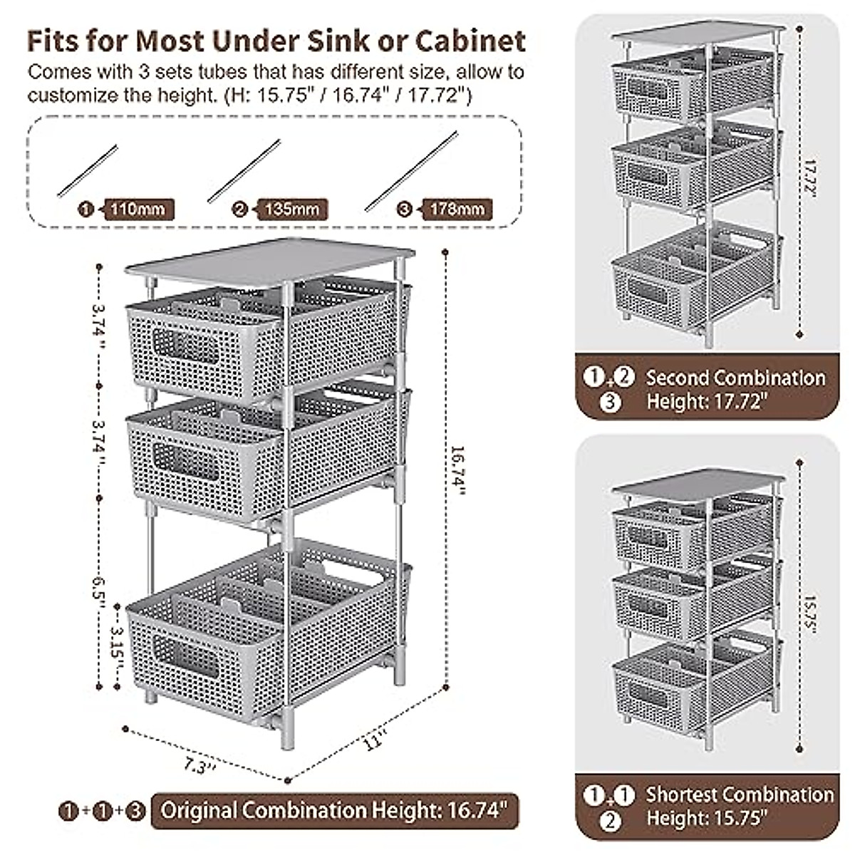 LIWAKA 2 Pcs 4 Tier Bathroom Cabinet Organizer,Pull Out Storage Organizer Under Sink Organizers with Dividers,Medicine Pantry Organization and Storage,Grey