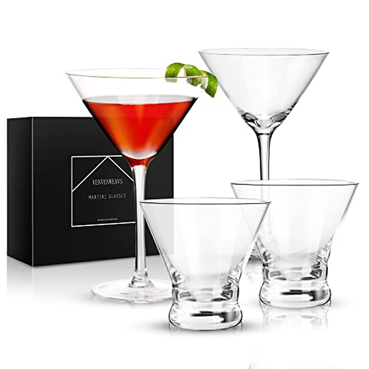 VENVENWEAVS Martini Glasses Set of 6, Hand-blown Crystal Cocktail Glasses for Espresso Martini,Cosmopolitan,Manhattan,Gimlet,Home Bar,Cocktail Party,Stemless Martini Glassware Gift Set