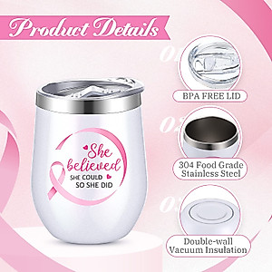 7 Pcs Breast Cancer Gift for Women Pink Ribbon Survivor Present 12 oz Breast Cancer Awareness Tumbler Coffee Mug with Lid Brush Straws Keepsake Raffia Grass Gift Bag Inspirational Gifts for Patients