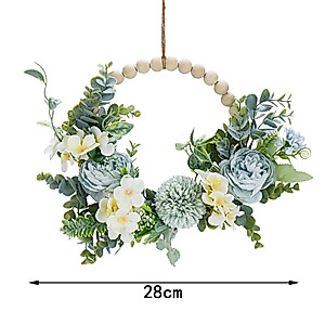 Artificial Flower Wreath,Wood Beads Peony Wreath, Indoor/Outdoor Farmhouse Wreaths for Front Door Decor