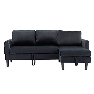 Olela Pull Out Sleeper Sofa Couch,Velvet Convertible Sofa Bed L Shape Sectional Sofa with Storage Chaise and Pocket for Living Room (Black), (convertible sofa bed-1)
