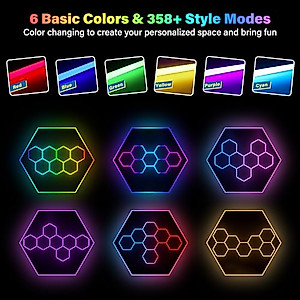 ALLYES RGB Hexagon Lights - 358 Color Modes Gaming Lights with Remote Controller, DIY Honeycomb LED Lights for Garage, Party, Bar, Gym, Music Studio, 7 Pack