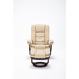 JC Home Argus Leather Recliner with Ottoman, Mahogany Wood Base, Ultra-Plush Double Foam Layered Reclining Bonded Leather Chair for Living Room and Office - (Vanilla)
