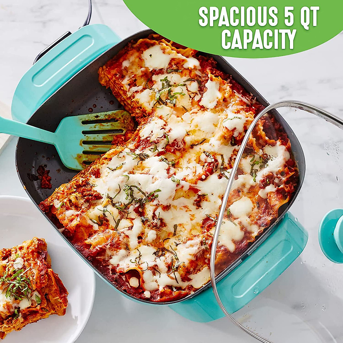 12" Ceramic Nonstick Electric Skillet - Square with Glass Lid, Dishwasher Safe, Turquoise