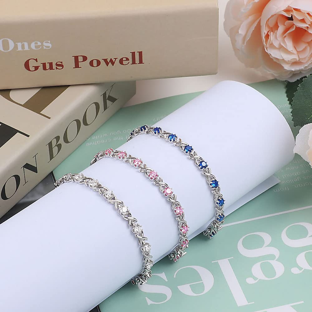 Foruiston Silver Bracelets & XO Tennis Bracelet 7.25"- Perfect Valentine's Day Jewelry Gifts for Women (White, Box clasp with safety)