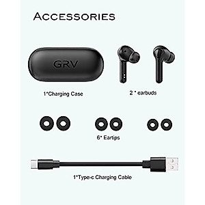 Wireless Earbuds, GRV T5 Bluetooth 5.0 Earbuds with Microphone 34H Playtime Touch Control Clear Call IPX7 Waterproof, Earbud & in-Ear Headphones for Sports (Black)