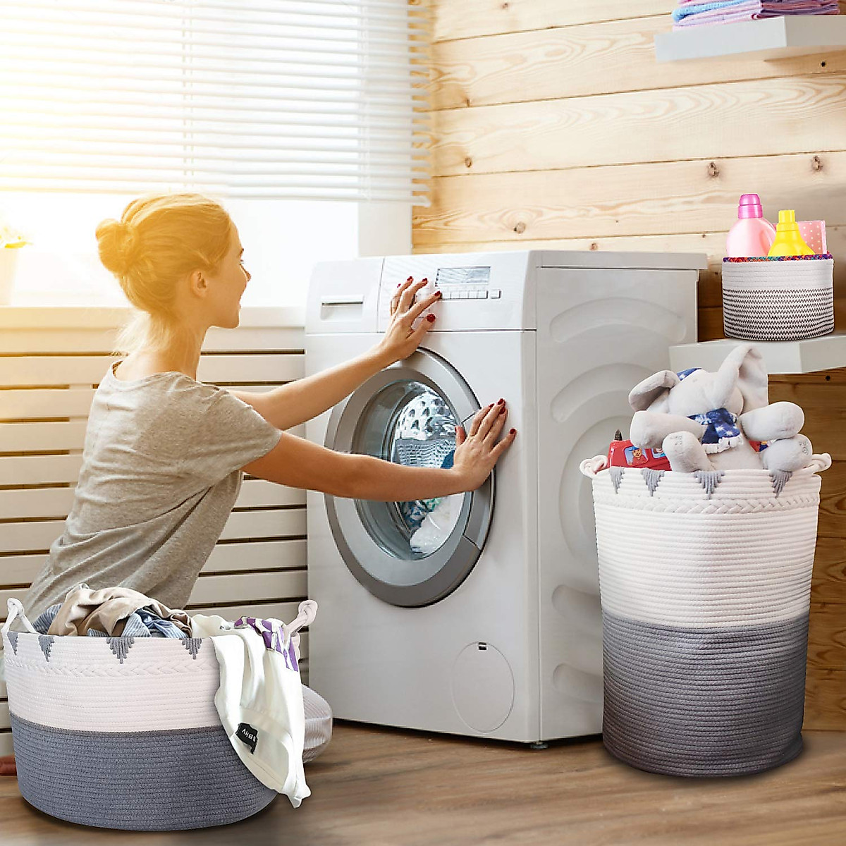 TerriTrophy XXXXLarge Cotton Rope Blanket Basket 22in x 22in x 16in Woven Laundry Hamper Laundry Baskets Storage Basket for Towel, Toys, Diaper, Laundry Basket