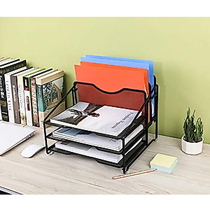 EasyPAG Mesh Desk Organizer with 3 Tier Letter Tray and 2 Vertical File Holder,Black