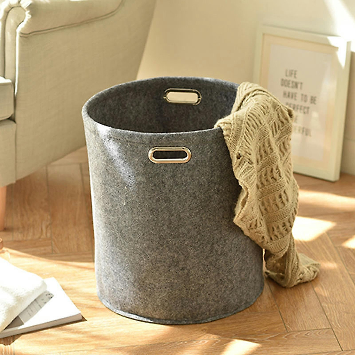 Felt Debris Storage Basket Dirty Clothes Storage Basket Large Household Thickened Dirty Clothes Basket Toy Storage Bucket-Light gray-3mm thick * 37cm diameter * 46cm height