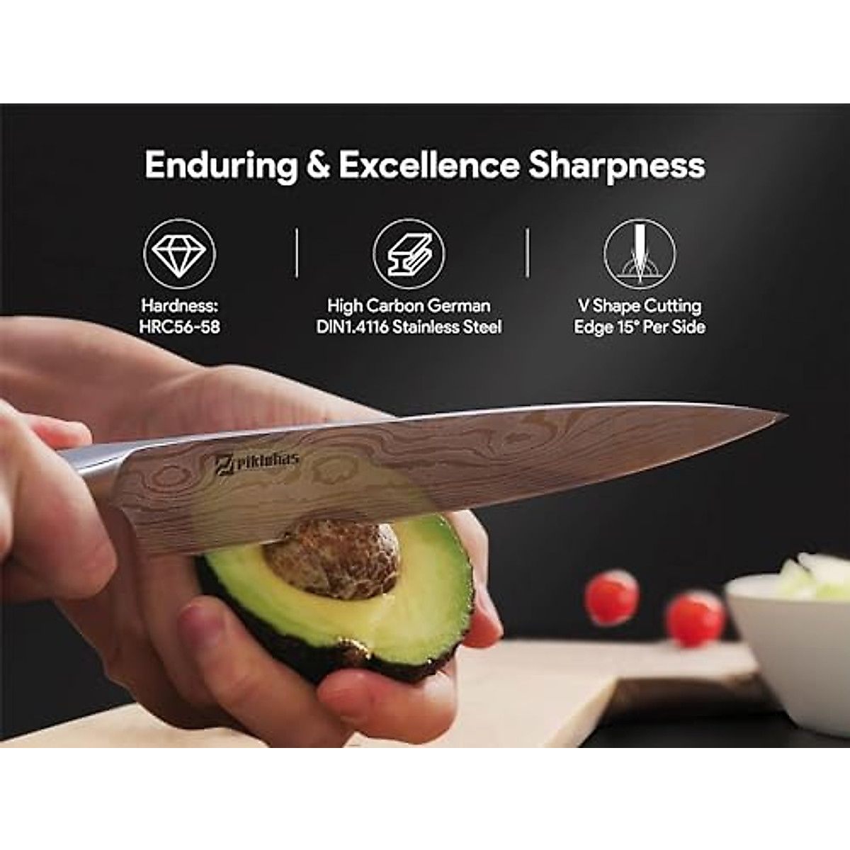 Piklohas Kitchen Knife Sets For Kitchen With Block, 14 Pieces With Magnetic Knife Holder, German High Carbon Stainless Steel Damascus Pattern Chef Knife Set With Sharpener, Steak Knives, Black