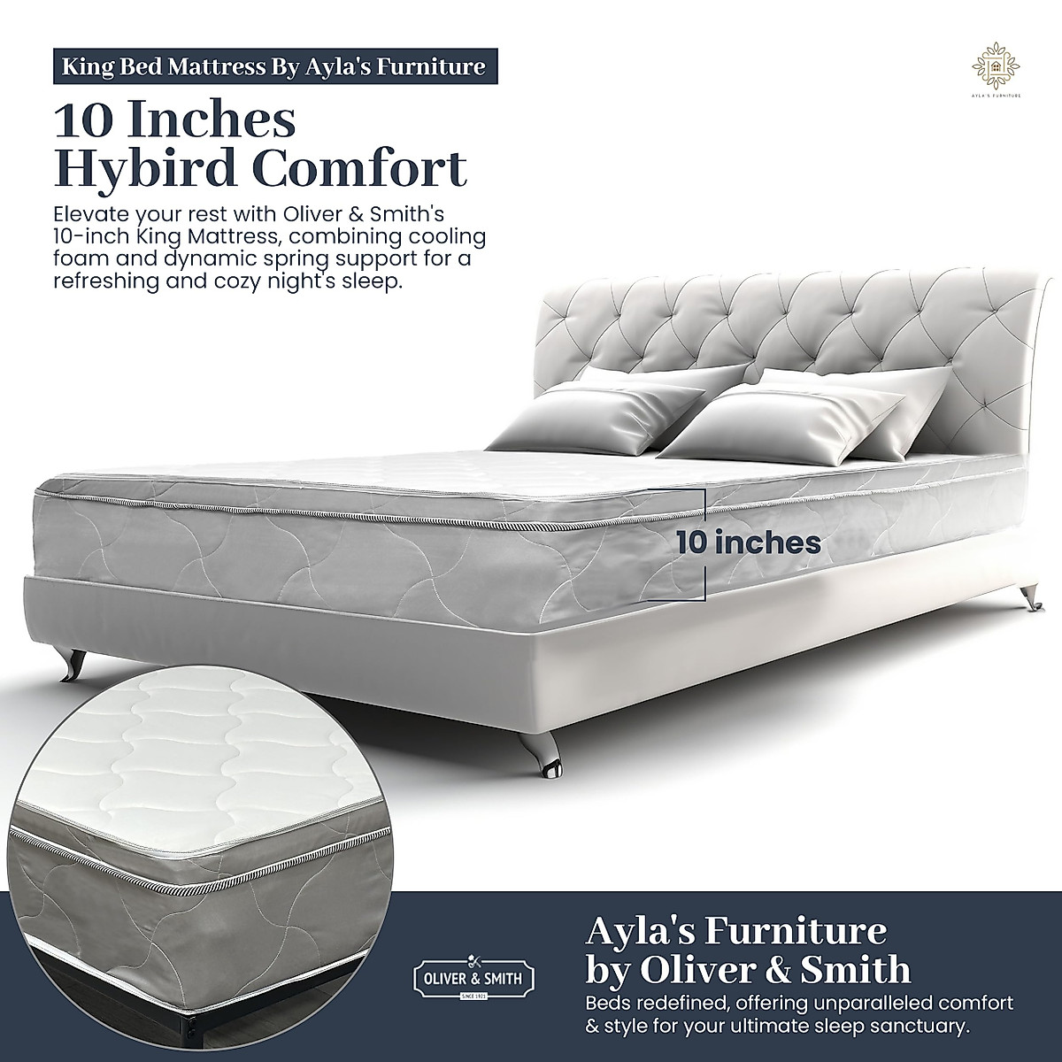 Aylas Furniture King Size Mattress- 10 Inch Hybrid King Mattress with High Density & Comfort Cold Foam with Continuous Coil Bonnell Springs - Eco-Friendly, Breathable Mattress King Size Medium Firm