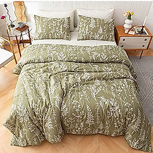 JANZAA 3 Pieces Duvet Covers Queen Size Floral Cover White Botanical Printed on Qlive Geen Soft Bed with Zipper Closure 4 Ties All Season Using(2 Pillow Cases)