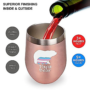 Mighun Papa Bear Bisexual Lesbian Wine Tumbler with Lid, Pansexual Bisexual LGBTQ Vacuum Coffee Tumbler, Gay Pride Stemless Insulated Wine Glasses Cup for Champaign, Cocktail, Beer