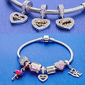 2 Tone Sister Love Heart Charms for Women - 925 Sterling Silver Big/Little Sis Pendant Goddess Beads - fits Pandora Mothers Day Bracelet, Gifts for Birthday/Christmas/Sister in Law