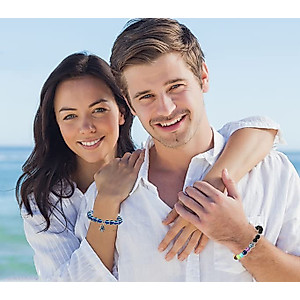 RUIZHEN 3Pcs Evil Eye Hamsa Hand Stretch Bracelet 7 Chakras Gemstone Lava Stone Aromatherapy Essential Oil Diffuser Bracelet for Women Men (A)