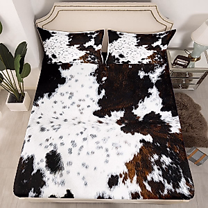 Manfei Cow Fur Sheet Set Full Size White Black Brown Cowhide Bedding Set for Kids Boys Teens Room Decor Animal Skin Print Bed Sheet Set 4pcs with Deep Pocket Fitted Sheet + Flat Sheet + 2 Pillowcases