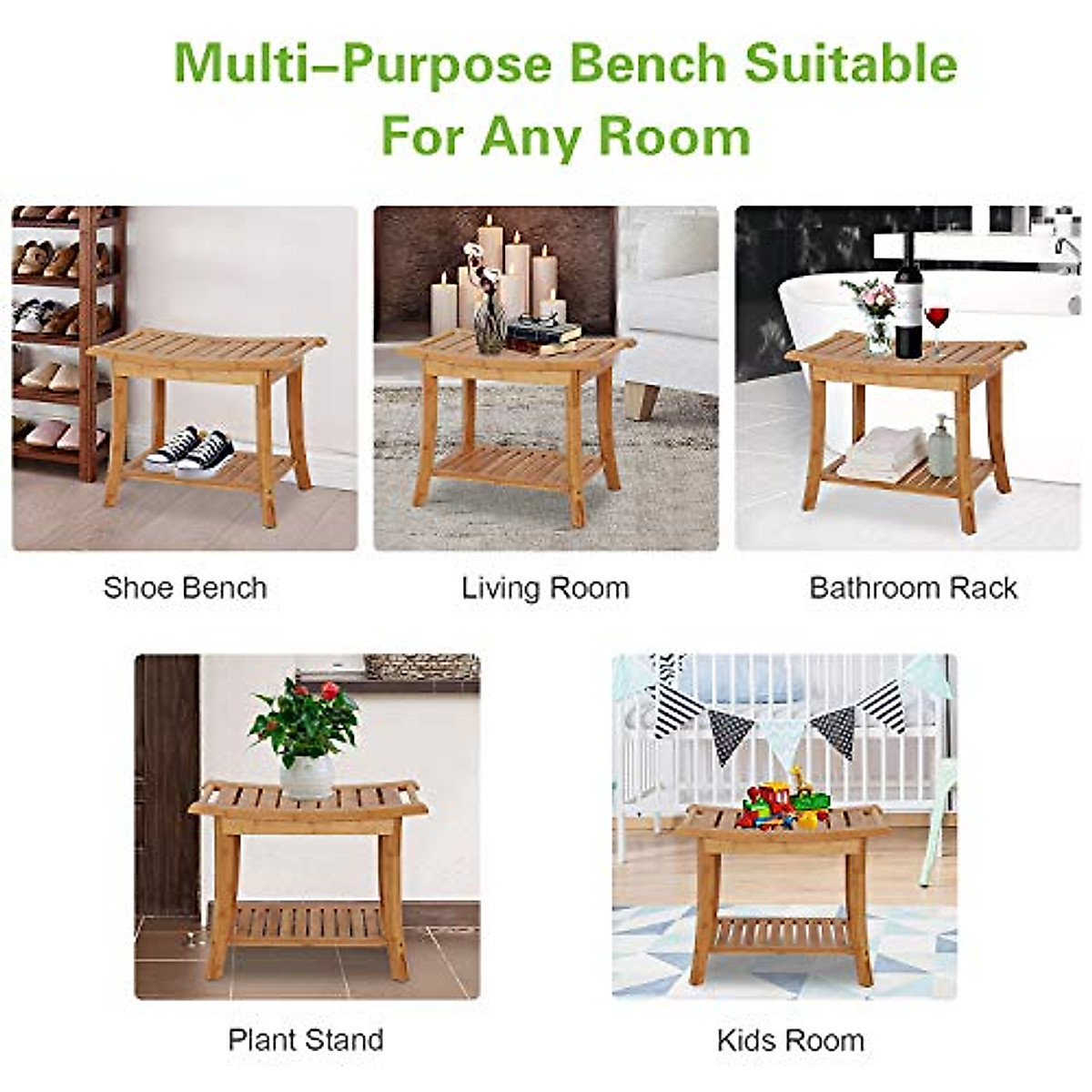 Kinlife Bamboo Shower Bench Bathroom Seat with Storage Shelf Wood Spa Bath Organizer Stool for Indoor