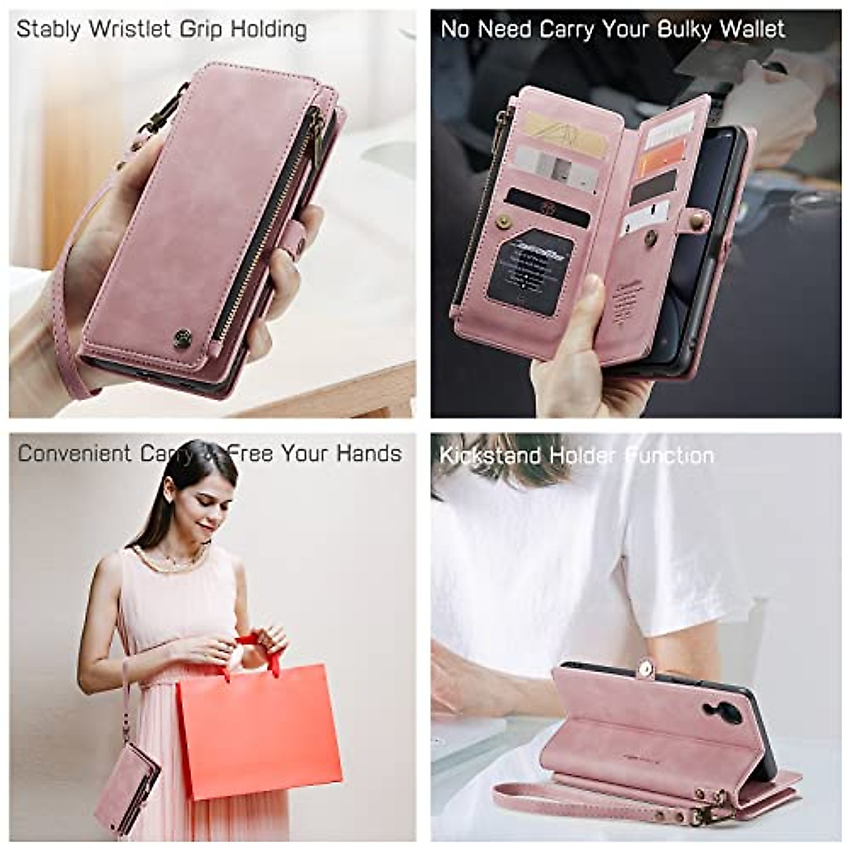 Defencase iPhone XR Wallet Case with Card Holder, Durable PU Leather Flip Magnetic Strap Zipper Phone Case for Women Men, Rose Pink