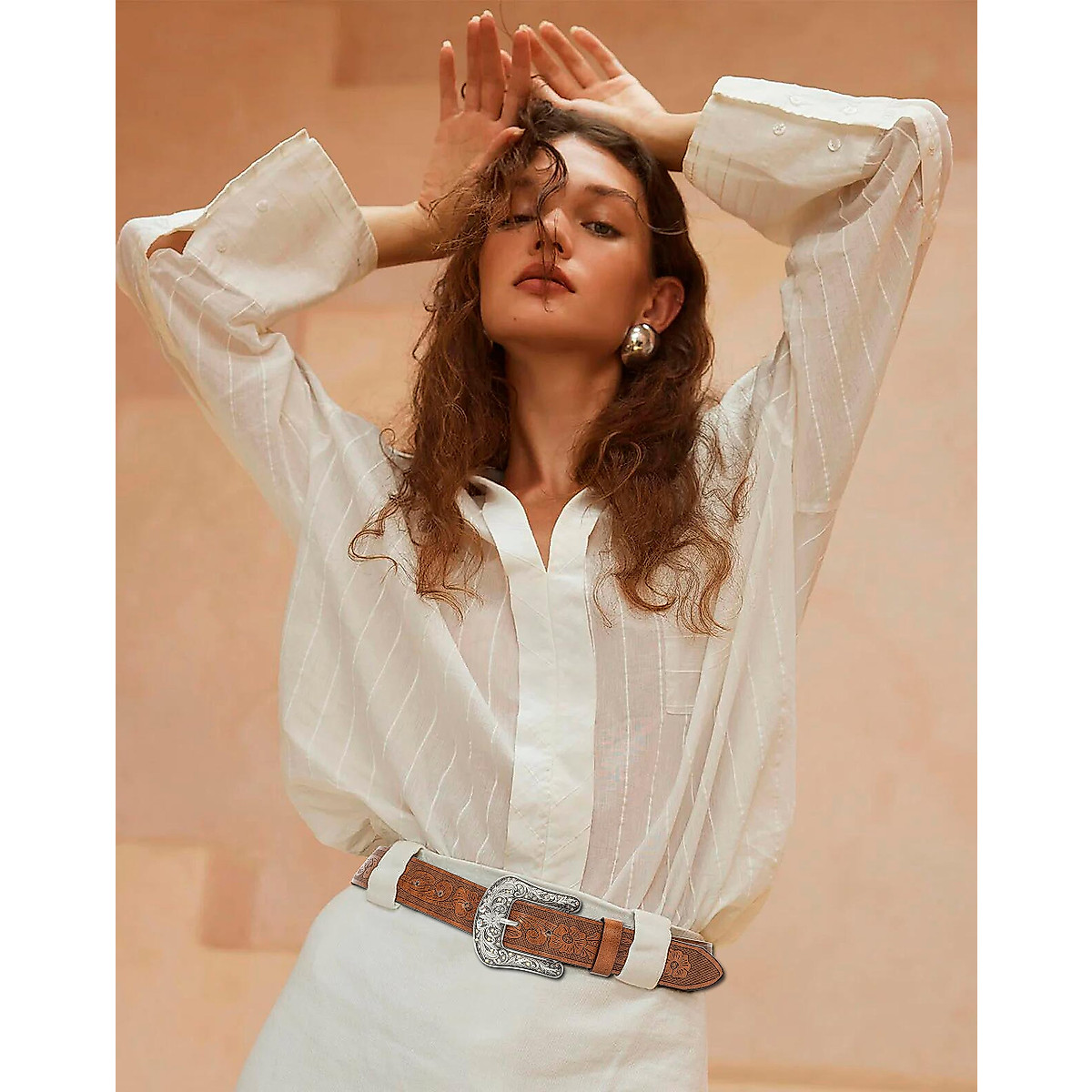 Eohak Western-Belt-for-Women-Cowgirl, PU-Leather-Waist-Belts with Vintage-Carved-Buckle and Tips-Ends for Jean Dress