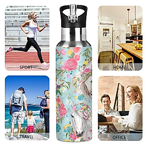 Flower Horse Water Bottle for Kids Stainless Steel Vacuum Insulated Water Bottle Standard Mouth Bottle with Wide Handle for Boys Girls