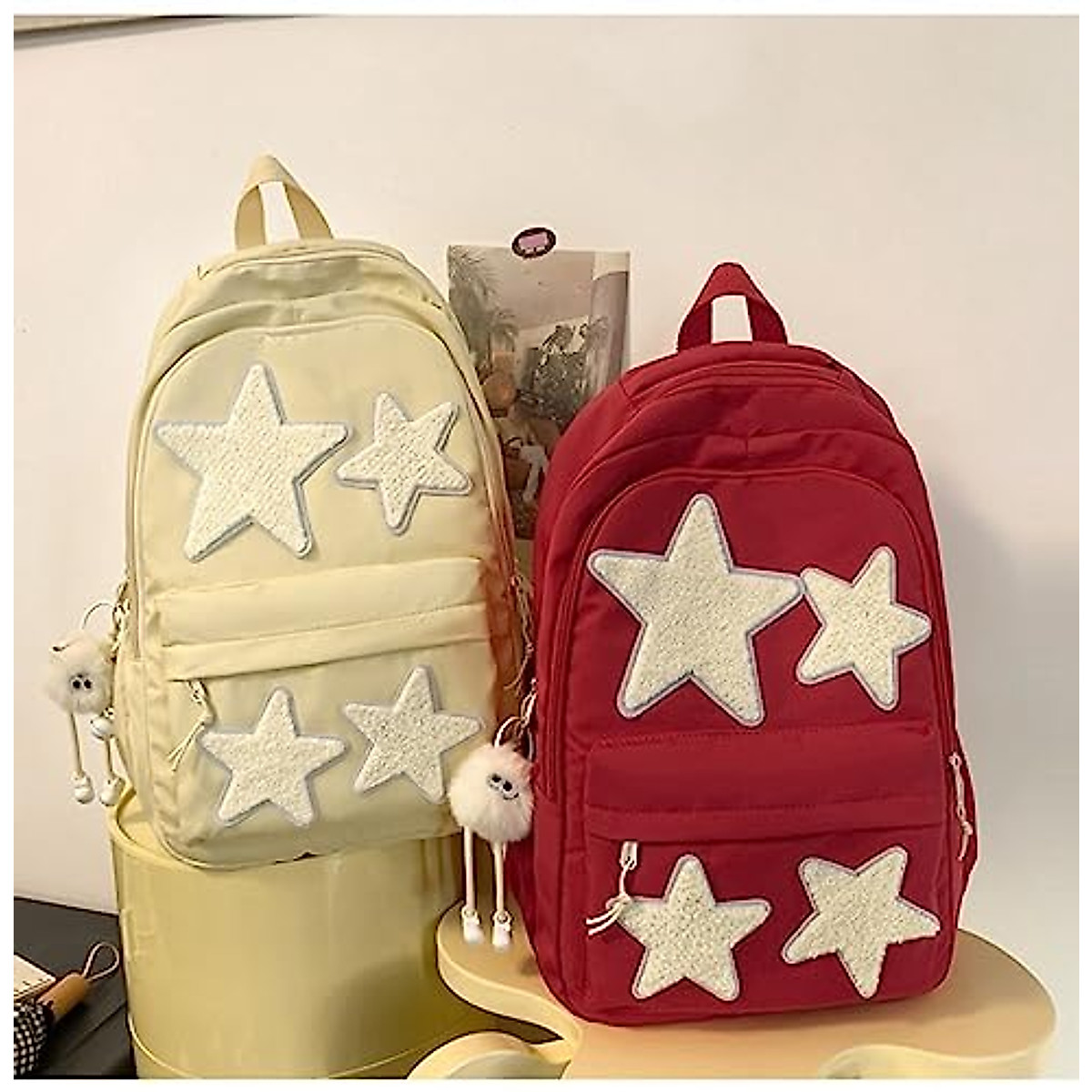 JHTPSLR Preppy Backpack Y2K Aesthetic Backpack Fluffy Stars Patchwork Aesthetic Backpack Cute Y2K Book Bags Backpack Supplies (Red)