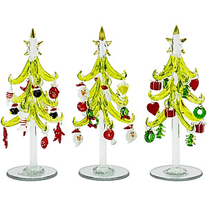 Red Co. 8" Glass Christmas Tree Tabletop Display Decoration with Assorted Glass Ornaments, Holiday Season Decor, Set of 3