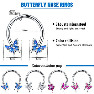 Hicarer 4 Pieces Septum Ring Horseshoe Hoop Ring 16g Butterfly Nose Rings Earring Cartilage Earring Hoop Captive Bead Rings Tragus Daith Helix Piercing Body Jewelry for Women Man