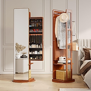 LVSOMT 360° Swivel Jewelry Armoire, Rotatable Full Length Mirror with Jewelry Storage, Standing Jewelry Cabinet with Coat Rack, Walnut, Soild Wood