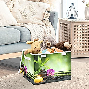 innewgogo Bamboo Mat with Flower Stone Storage Bins with Lids for Organizing Foldable Storage Bins with Handles Oxford Cloth Storage Cube Box for Bed Room