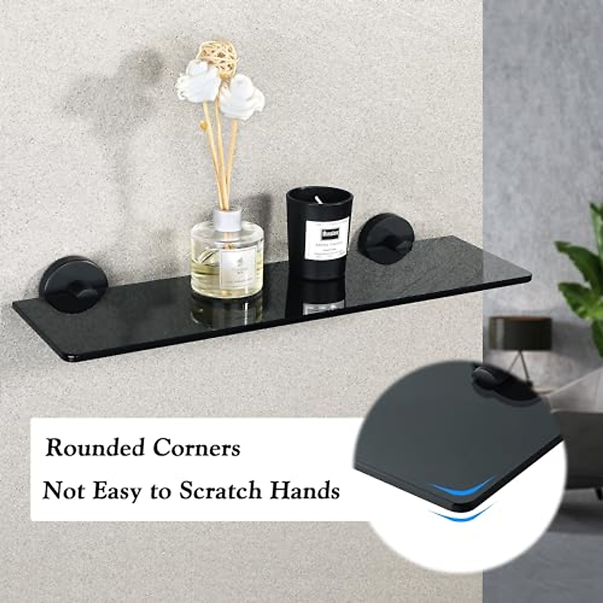 Alise Glass Shelf Bathroom Shelves Wall Mount,Floating Shelves for Bathroom,SUS304 Stainless Steel and Rectangular Tempered Glass Holder Rack Storage Organizer,Black Finish GDL5380-B