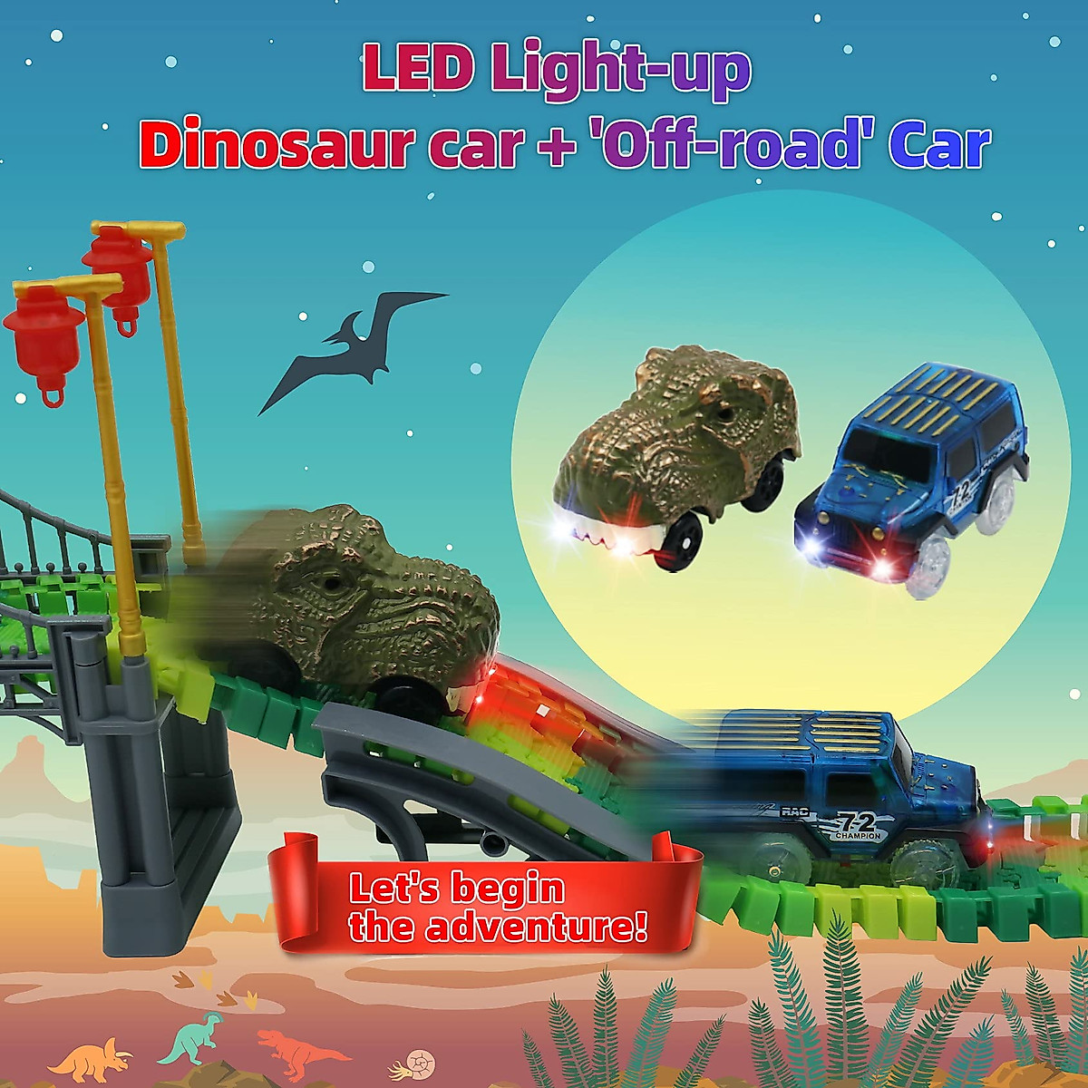 IQKidz Dinosaur World Race Track Toys - 216pcs Flexible Track Playset with 1 Dinosaur Car, 1 Race Car, 6 Dino Toys, for Kids 3 4 5 6 Year & Up Old (Boys and Girls)