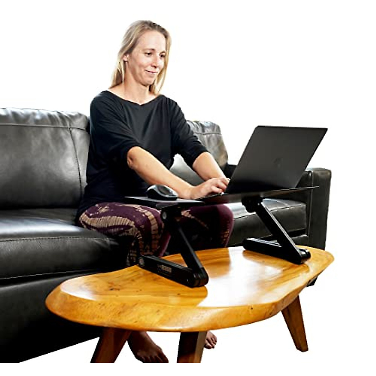 WorkEZ Best Adjustable Laptop Cooling Stand & Lap Desk for Bed Couch w/ Mouse Pad. Ergonomic Height Angle tilt Aluminum Desktop Portable MacBook Computer Riser Table Cooler Folding Holder XL-Black