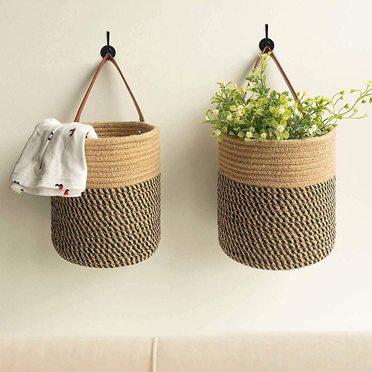 Cotton Rope Basket with Handle for Baby Laundry Basket Toy Storage Blanket Storage Hanging Basket Round Multi-Purpose Woven Wall Rope Basket for Home White S